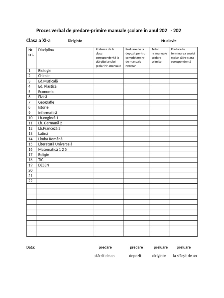 Proces Verbal de Predare Manuale Școlare Clasa aXI-a | PDF