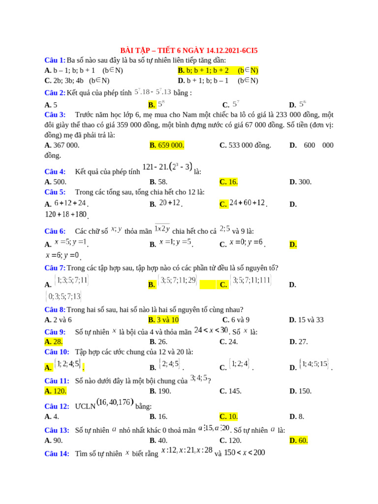 Btvn 6ci3-14.12.2021-6ci5-25 Câu Tn Số Học Hki | PDF