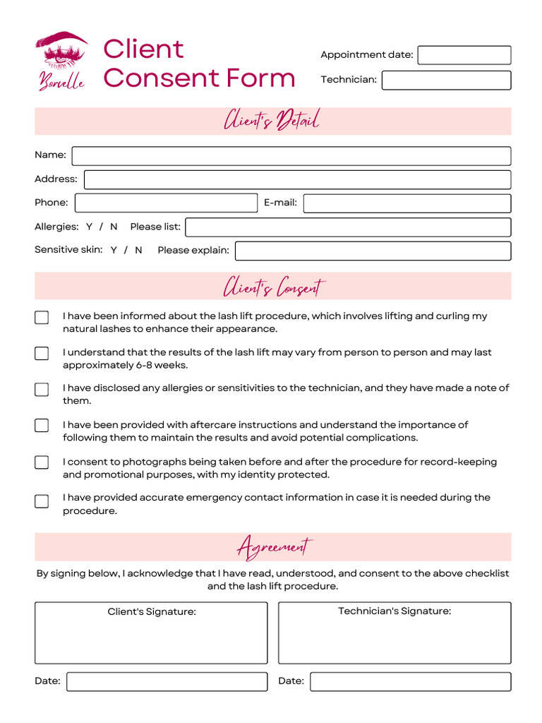 Pink and White Simple and Professional Lash Lift Client Consent Form | PDF