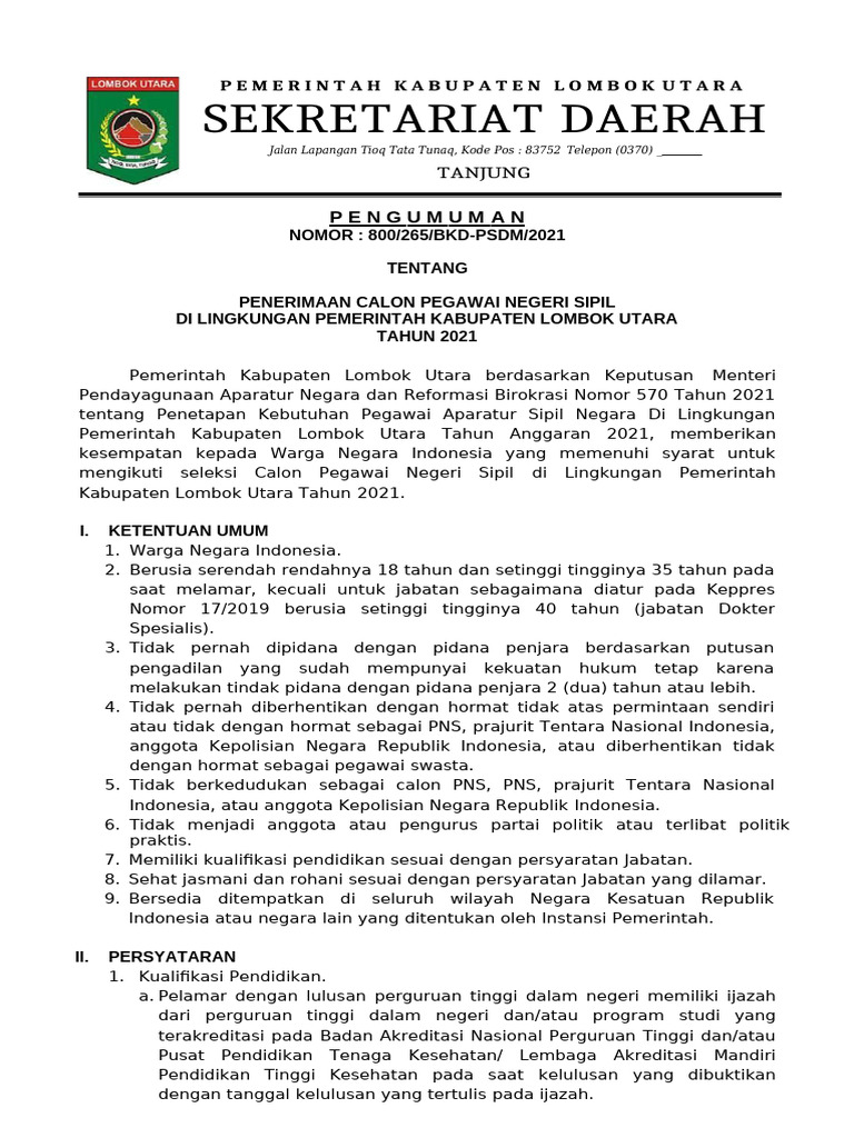 Pengumuman Penerimaan CPNS KLU 2021 | PDF