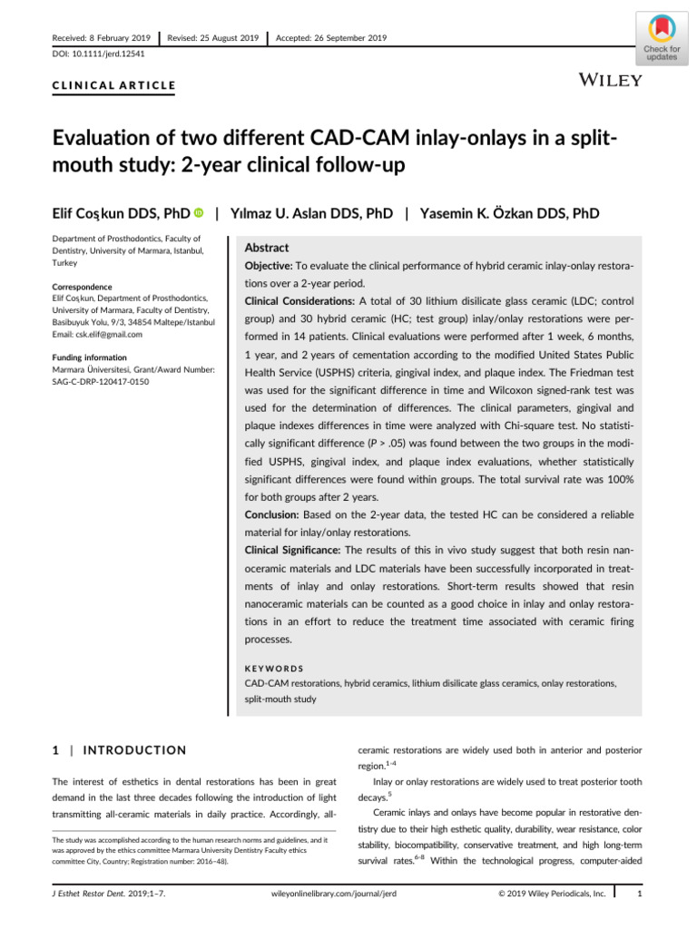 Evaluation of Two Different CADCAM Inlayonlays in A Splitmouth Study2year Clinical Followup | PDF