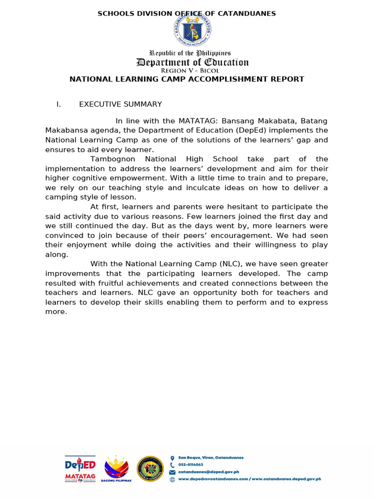 National Learning Camp Accomplishment Report | PDF | Teachers | Learning