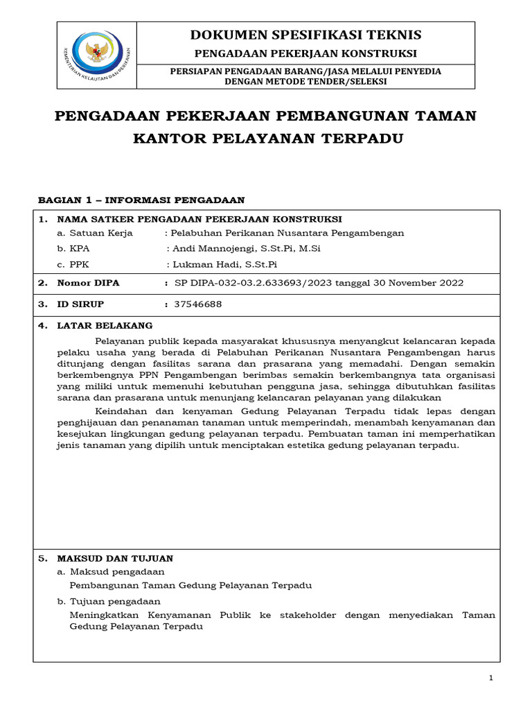 Dokumen Spesifikasi Teknis: Pengadaan Pekerjaan Konstruksi | PDF