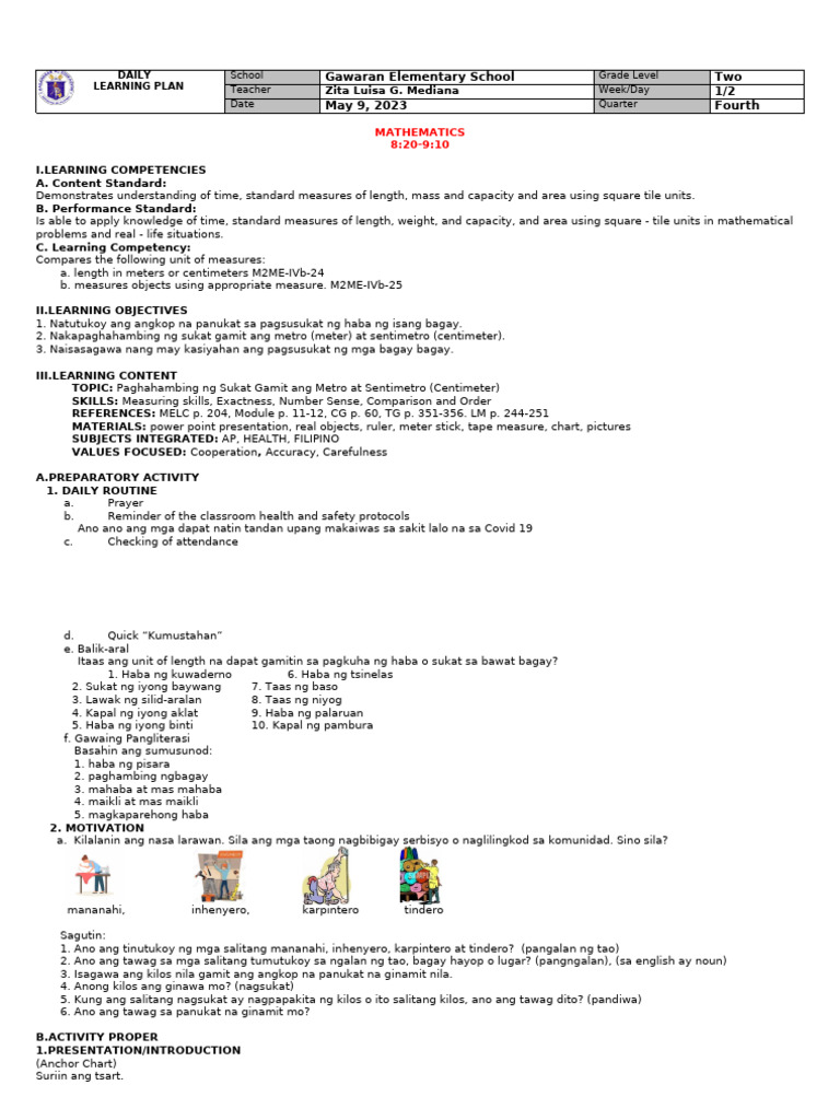 COT MATH DLP Q4 W2 Meter Centimeter | PDF