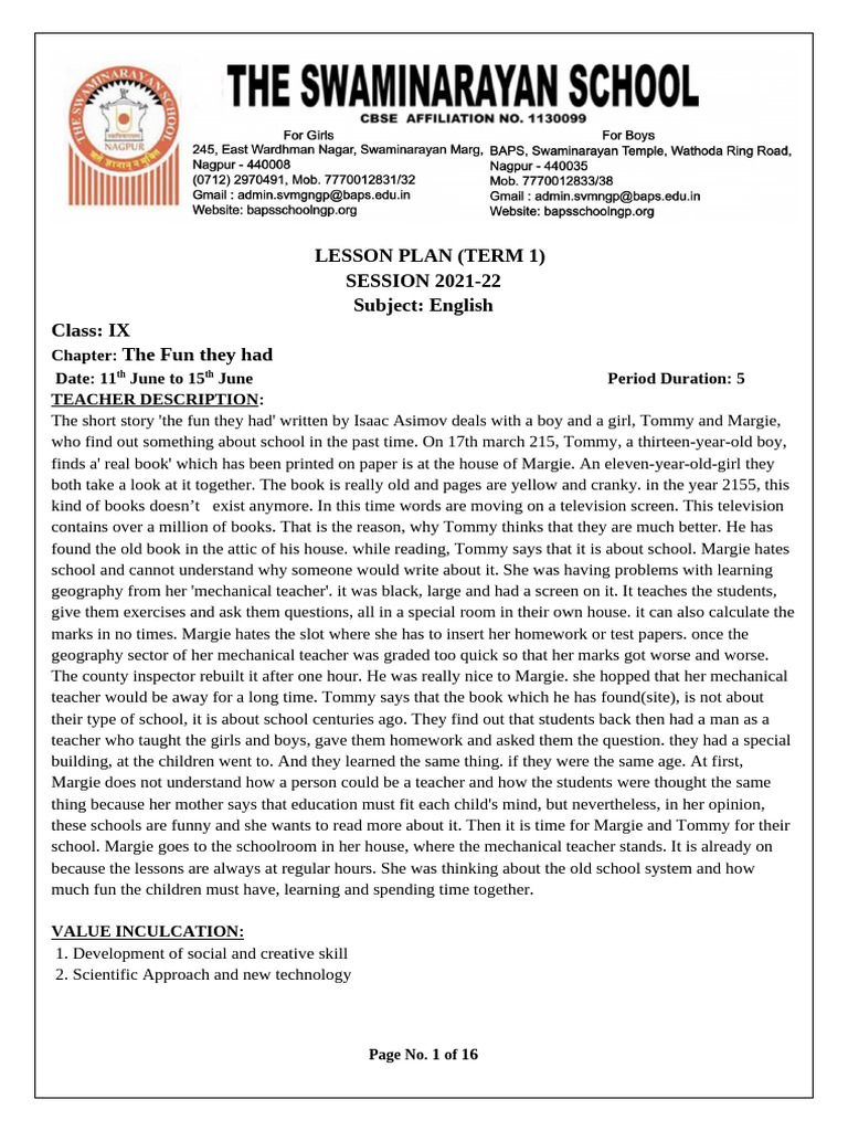 STD Ix Lesson Plan - Term12021-22 | PDF