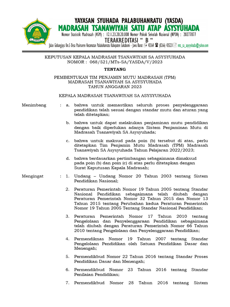 MjAyMjEyMTIzMjAyMDAwOHNrdHBt SK Tim Penjamin Mutu Madrasah (TPM) 2023 | PDF