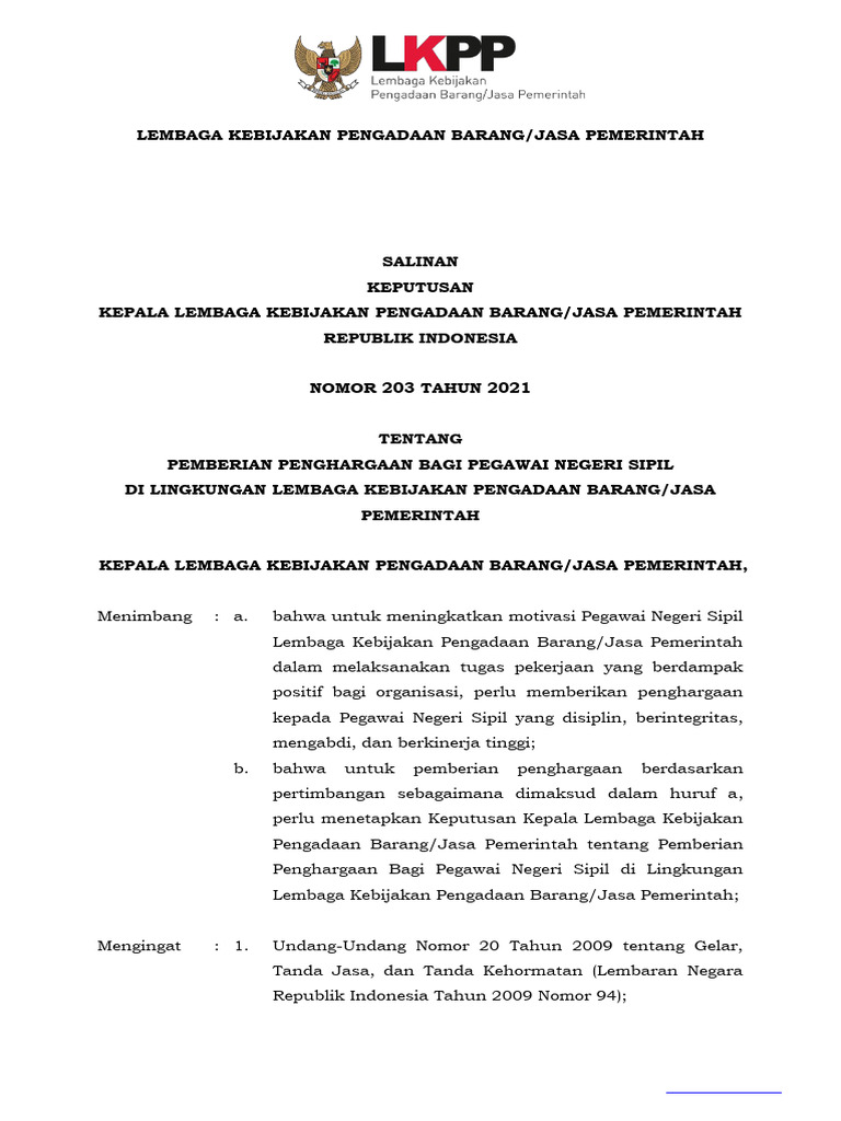 Keputusan Kepala LKPP Nomor 203 Tahun 2021 - 1921 - 1 | PDF