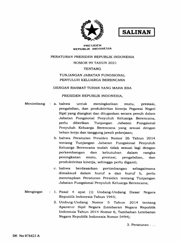 Perpres Nomor 99 Tahun 2021 - Tunjab Fungsional PKB | PDF