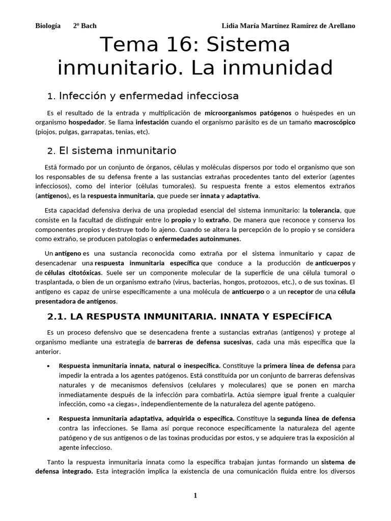 Tema 16. Sistema inmunitario. La inmunidad | PDF