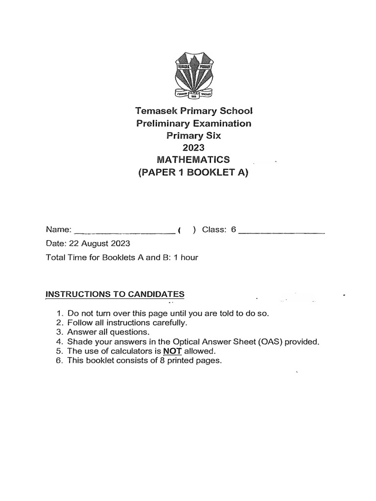 P6 Maths Prelim 2023 Temasek Exam Papers | PDF