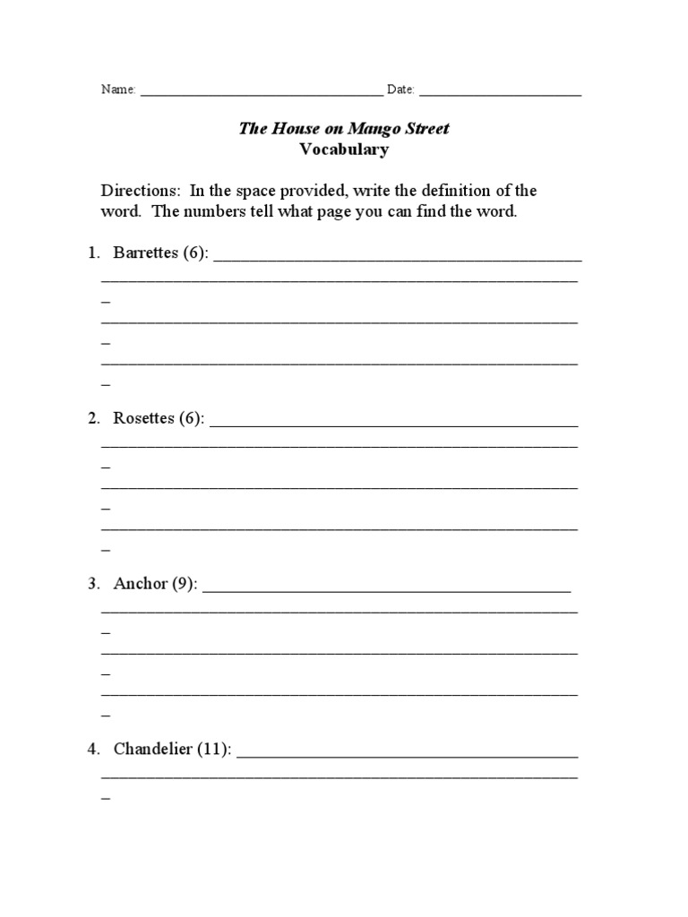 Vocabulary for The House on Mango Street | PDF