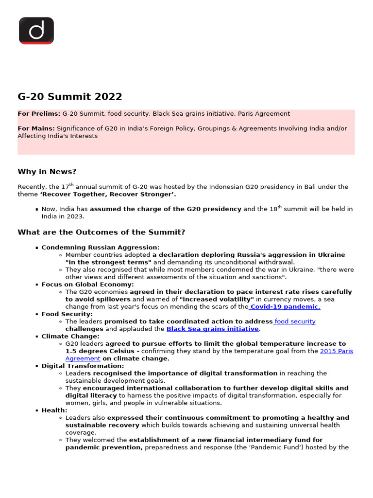 G-20 Summit 2022: Why in News? | PDF