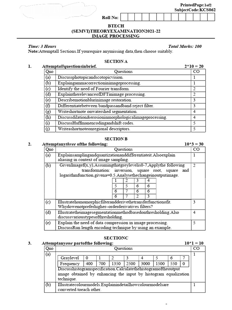 Image Processing KCS 062 2022 | PDF
