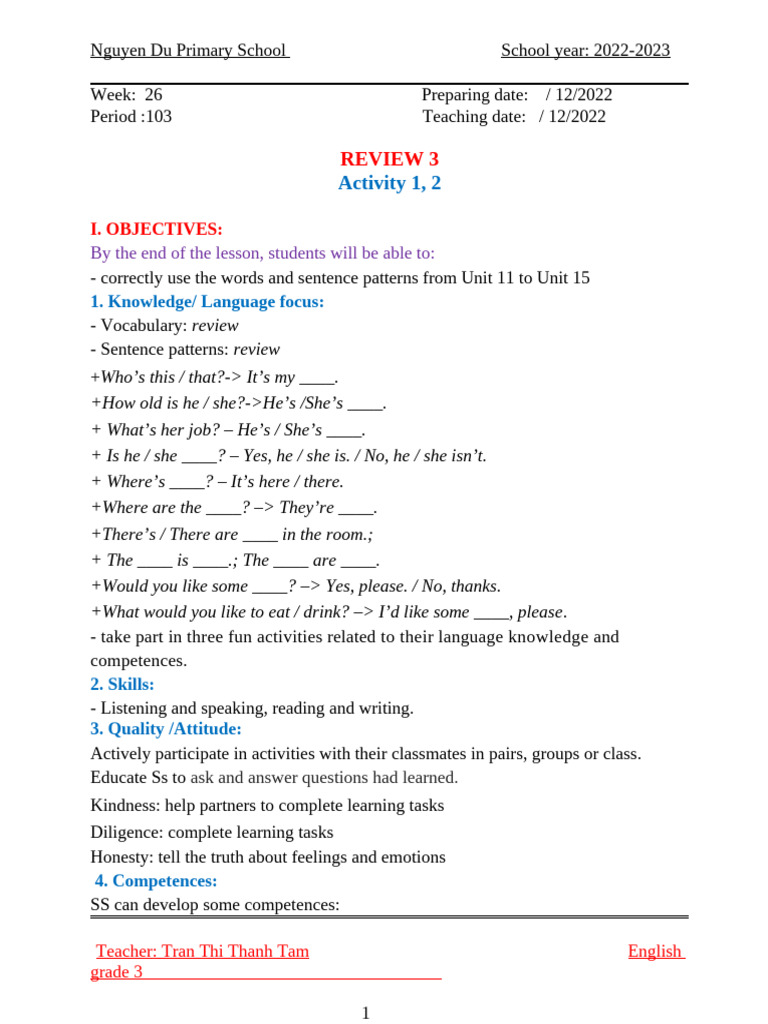 Tran Tâm, REVIEW 3 - G.A LOP 3 GLOBAL SUCCESS | PDF