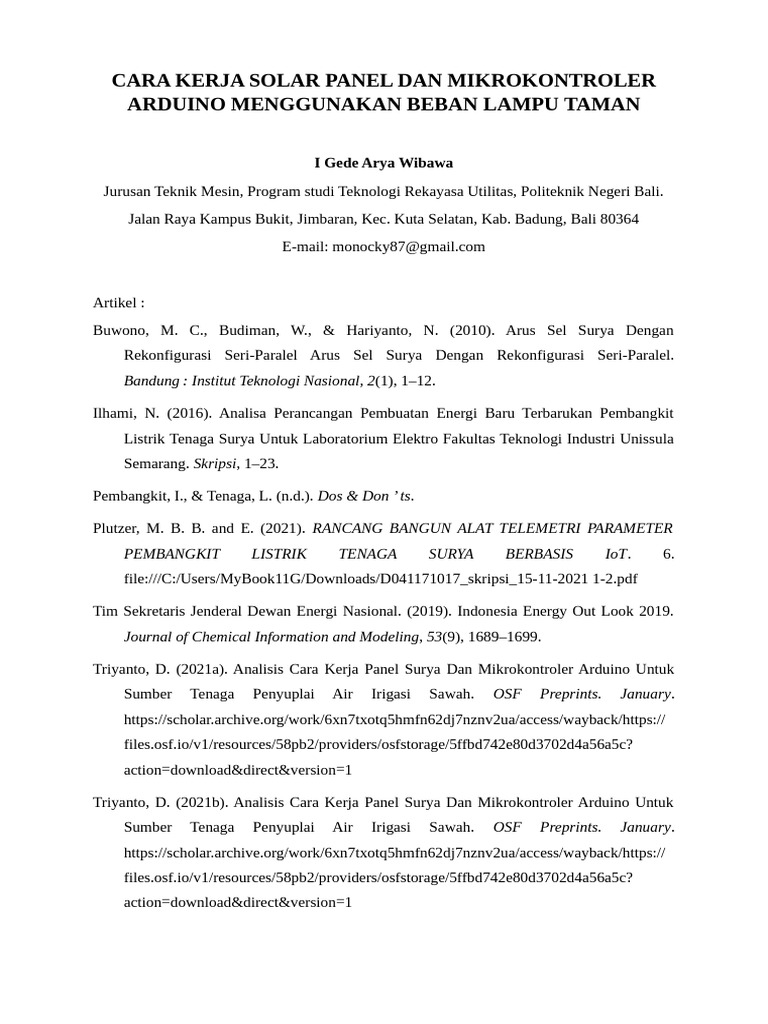 Cara Kerja Solar Panel Dan Mikrokontroler Arduino Menggunakan Beba1 | PDF