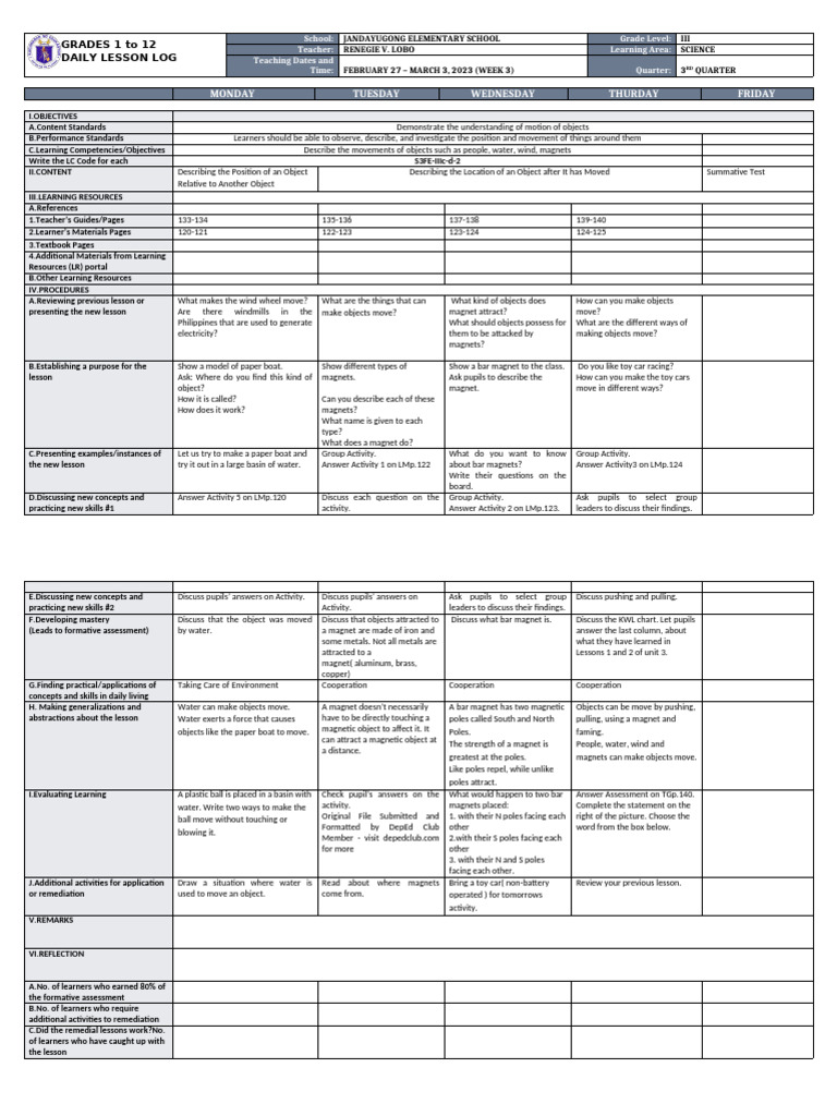 DLL - Science 3 - Q3 - W3 | PDF