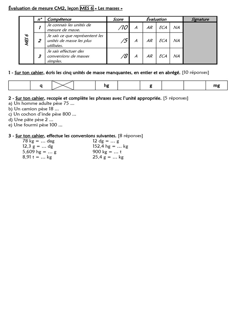 CM2 Les Masses Evaluation | PDF