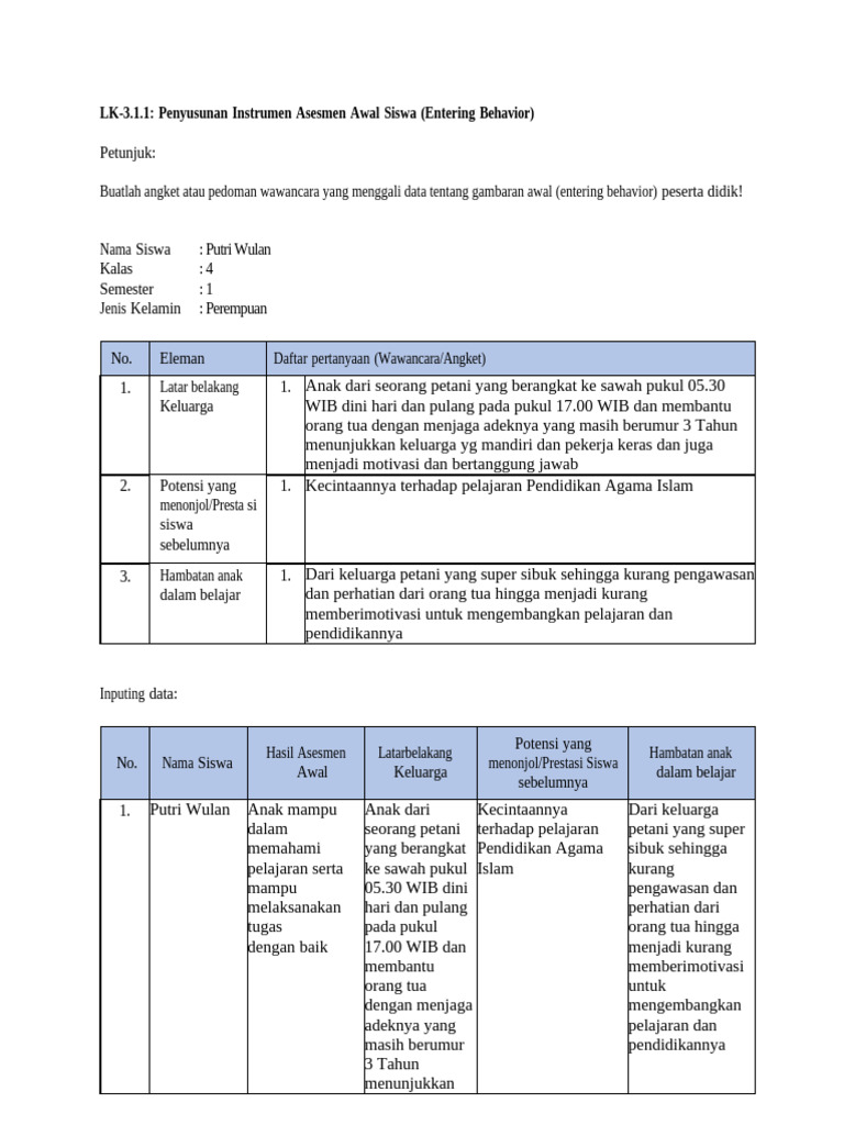 LK-3.1.1 Penyusunan Instrumen Asesmen Awal Siswa (Entering Behavior) (1) (1) - Salin | PDF