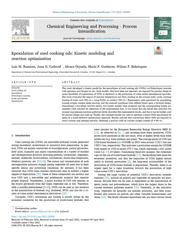 Epoxidation of Used Cooking Oils - Kinetic Modeling and Reaction ...