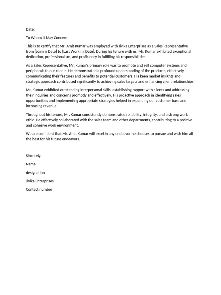 Sales Experience Certificate for Amit Kumar | PDF
