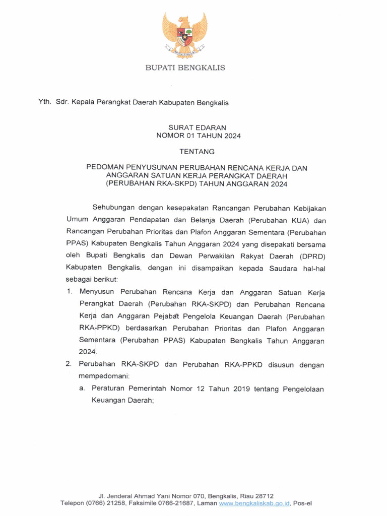Surat Edaran Nomor 01 Tahun 2024 Peny. Perubahan RKA-SKPD TA 2024 | PDF