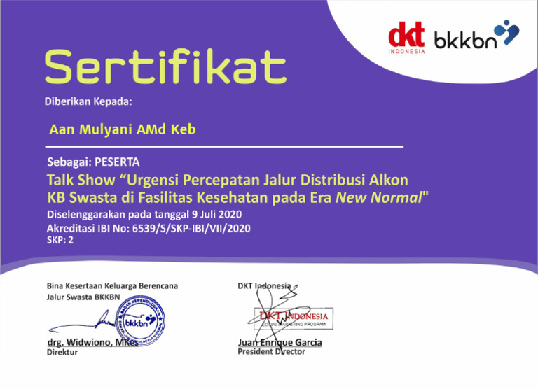 Sertifikat Talk Show Percepatan Distribusi Alkon Aan Mulyani AMd Keb | PDF