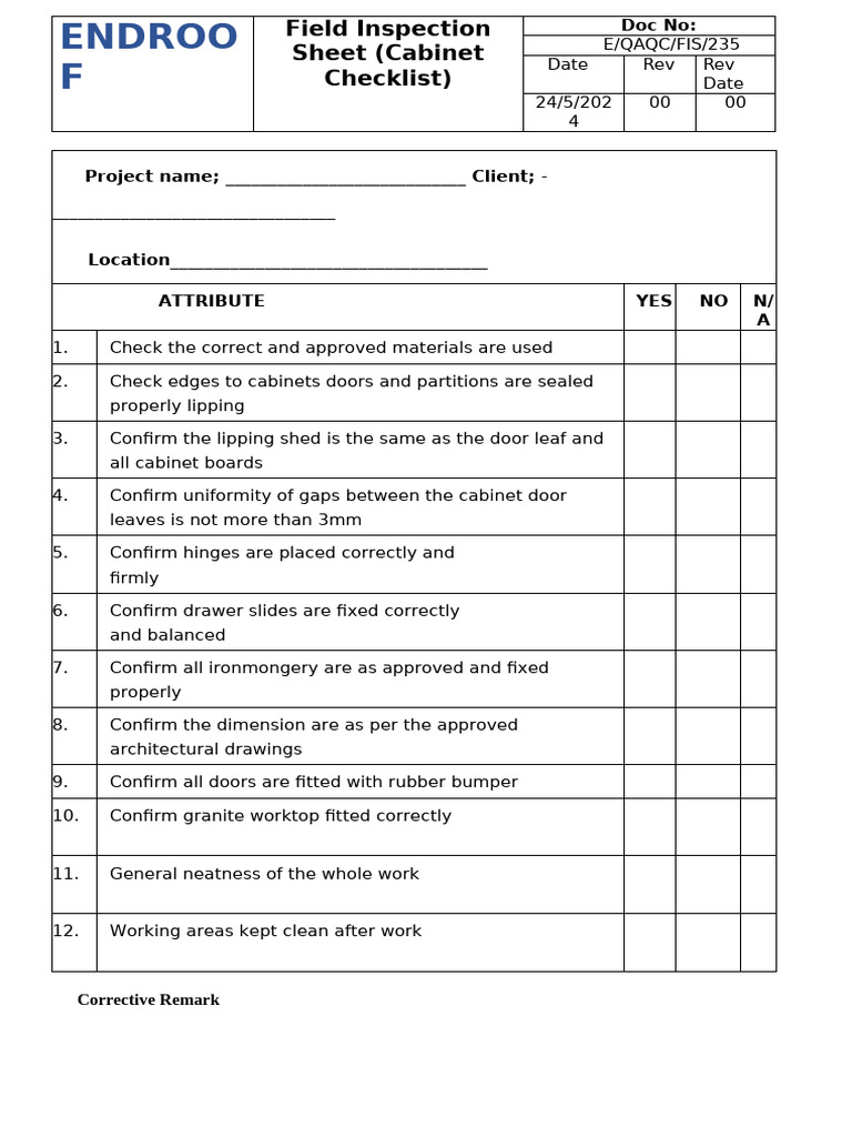 Field Inspection Sheet (Cabinets) | PDF