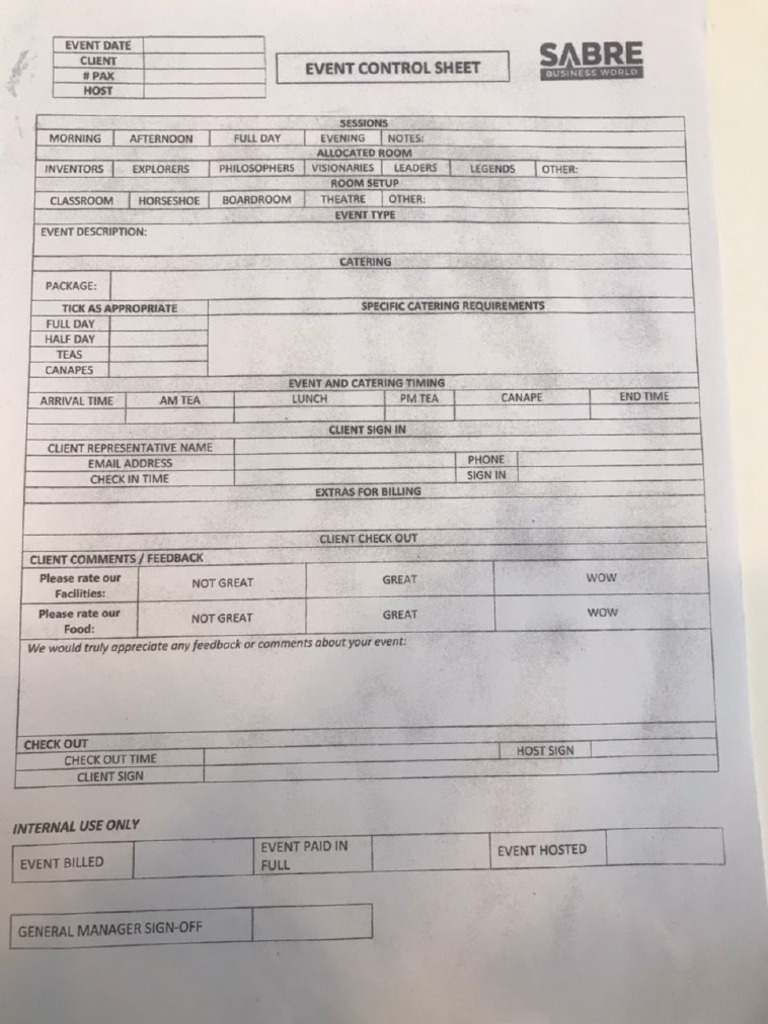 Sabre Event Control sheet | PDF