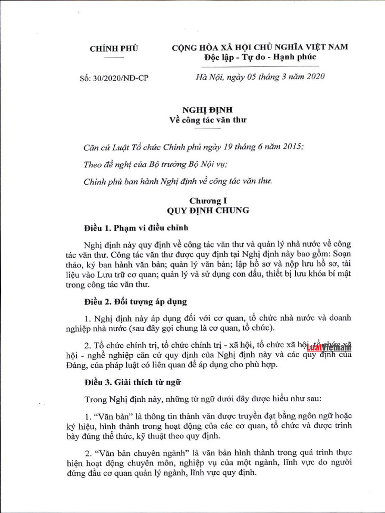 Nghi Dinh 30 2020 ND CP Ve Cong Tac Van Thu Moi Nhat | PDF