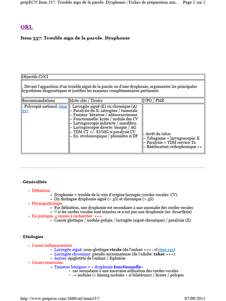 Item 337 Trouble Aigu de La Parole, Dysphonie | PDF