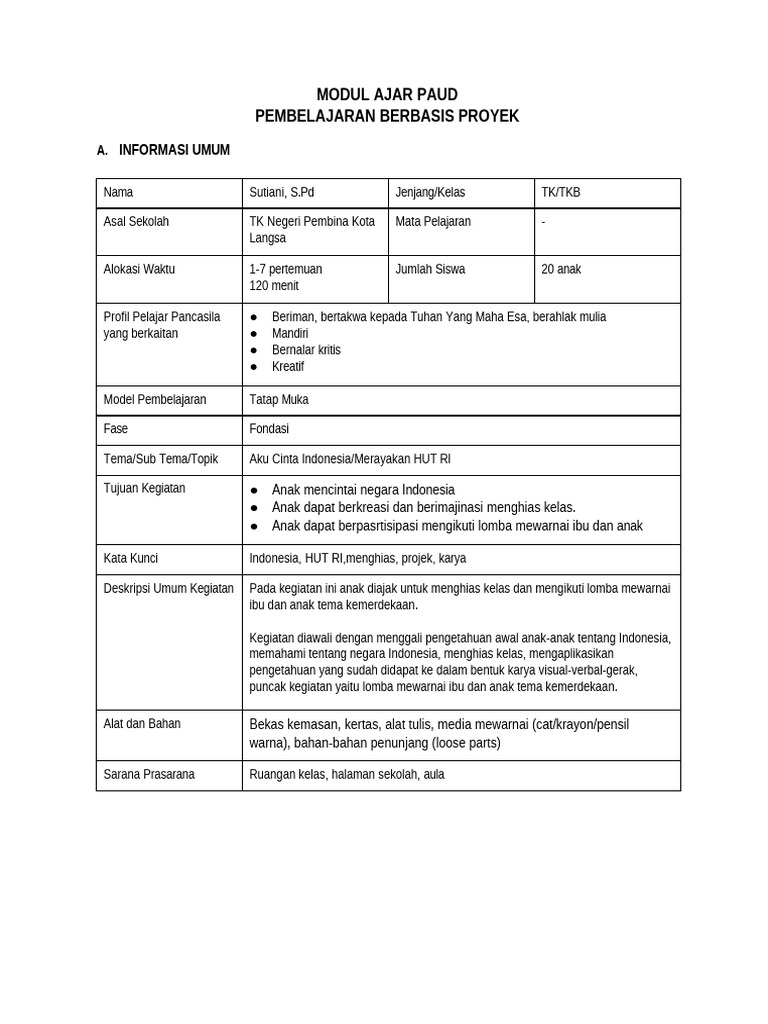 Modul Ajar Paud Pembelajaran Berbasis Proyek: Informasi Umum | PDF
