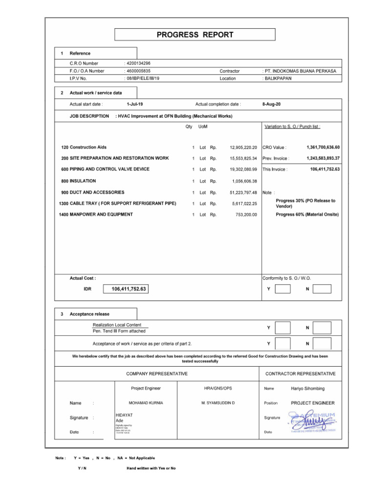 Progress OFN Mechanical Works - Contoh | PDF