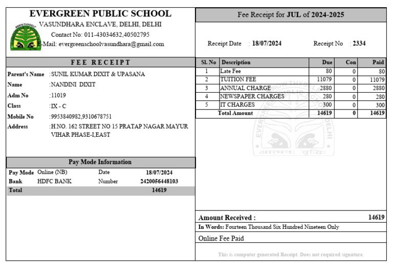 Parent Fee Receipt Print | PDF