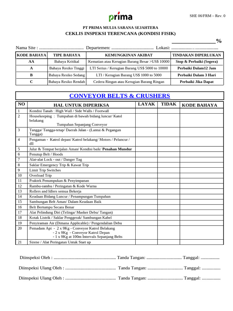 S.7.4.006 FRM Ceklist Inspeksi Terencana Conveyor Belt Dan Crusher | PDF