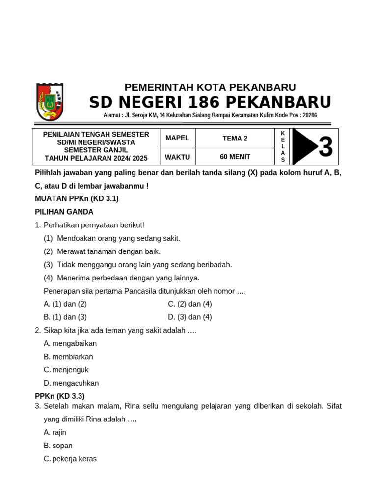 Soal PTS Tema 2 Kelas 3 TP 2024-2025 | PDF
