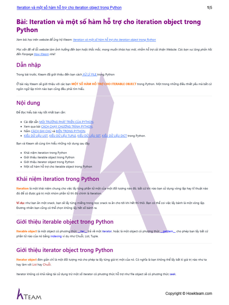 Iteration Và Một Số Hàm Hỗ Trợ Cho Iteration Object Trong Python | PDF