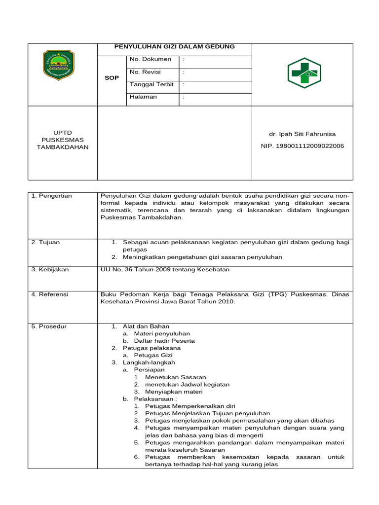SOP Penyuluhan Gizi Dalam Gedung | PDF