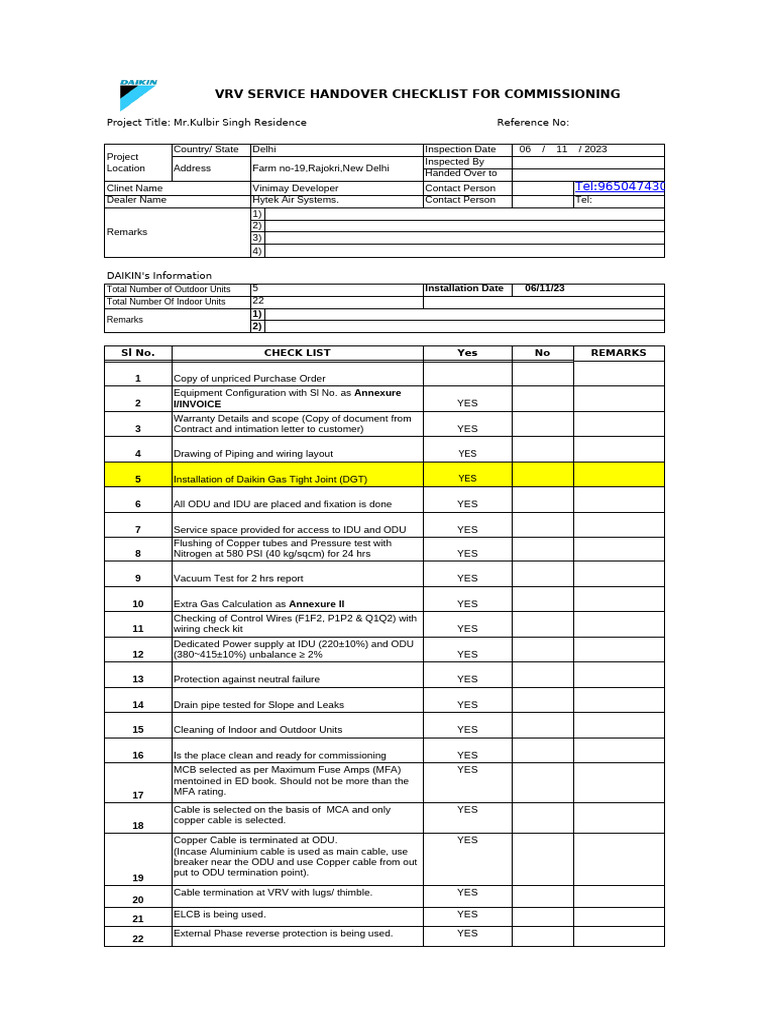 PRE-COMMISSIONING CHECKLIST, Rajokri Farrm | PDF