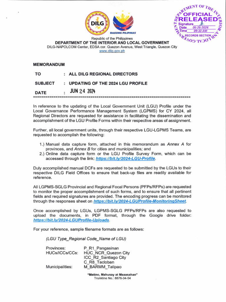 Memo - Updating of The 2024 LGU Profile | PDF