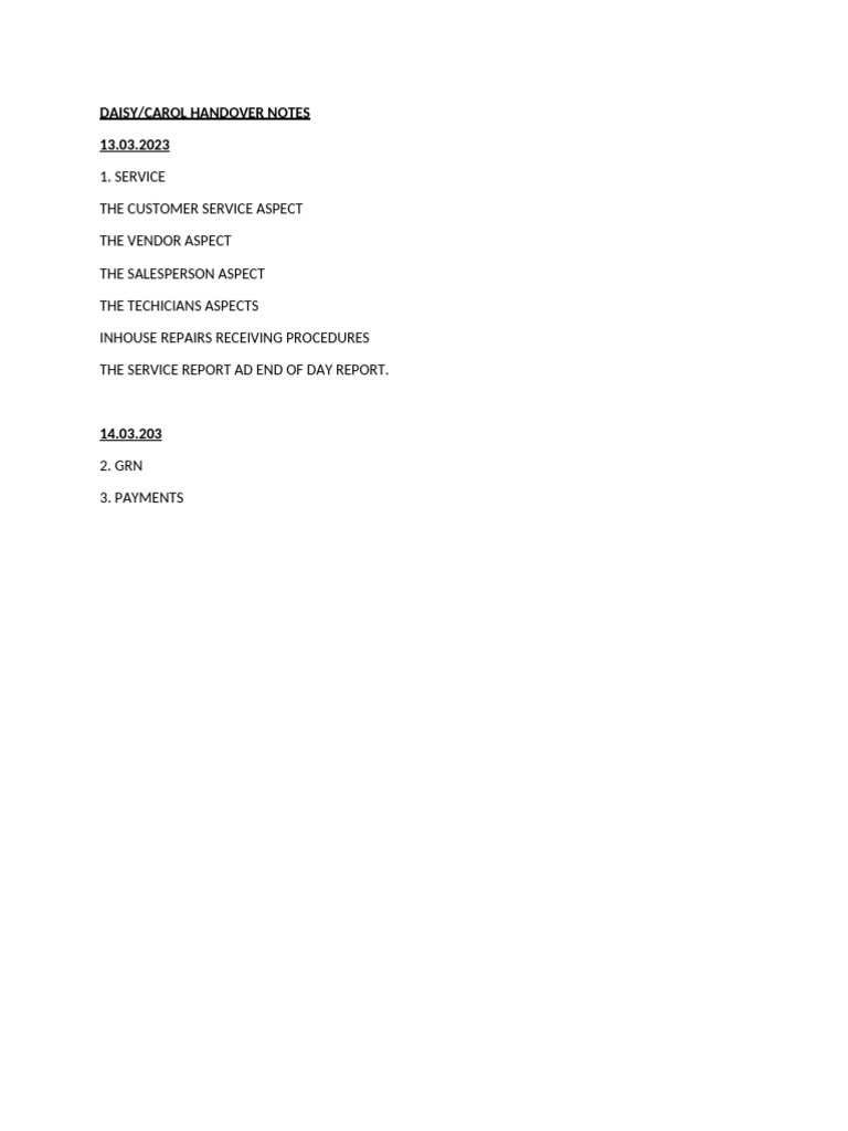 Handover Notes | PDF