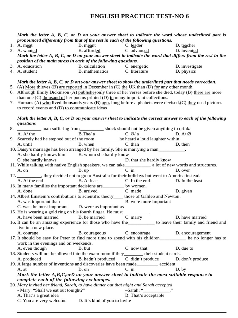 ENGLISH PRACTICE TEST NO6 KO kEY | PDF