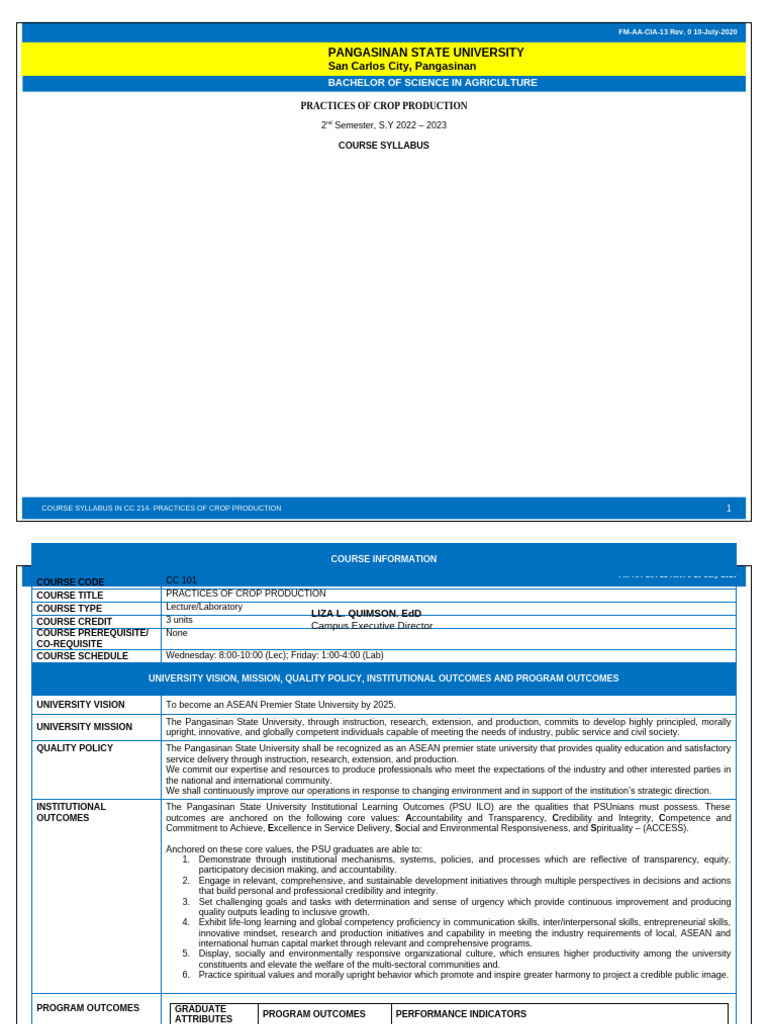 Crop Production Practices Syllabus 2022-2023 | PDF | Mindset | Cognition