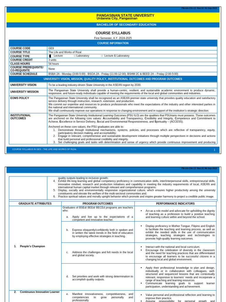 GE9-RIZAL, First Semester, SY 2024-2025 - REV. 2024-01 | PDF