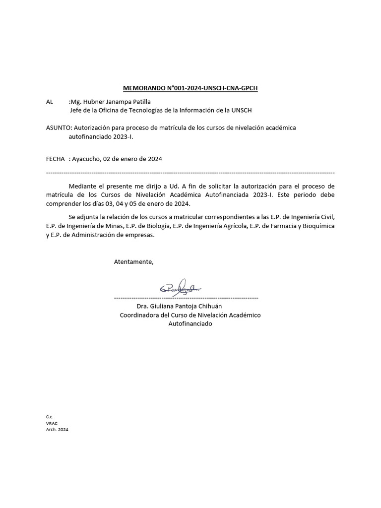 MEMORANDO N°001-2024-CNA-GPCH-Autorización de PROCESO DE MATRICULA 2023-I | PDF