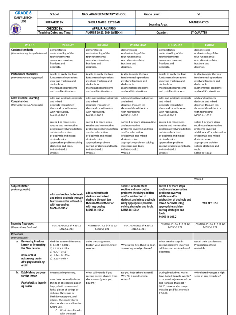DLL - Math 6 Week 4 | PDF