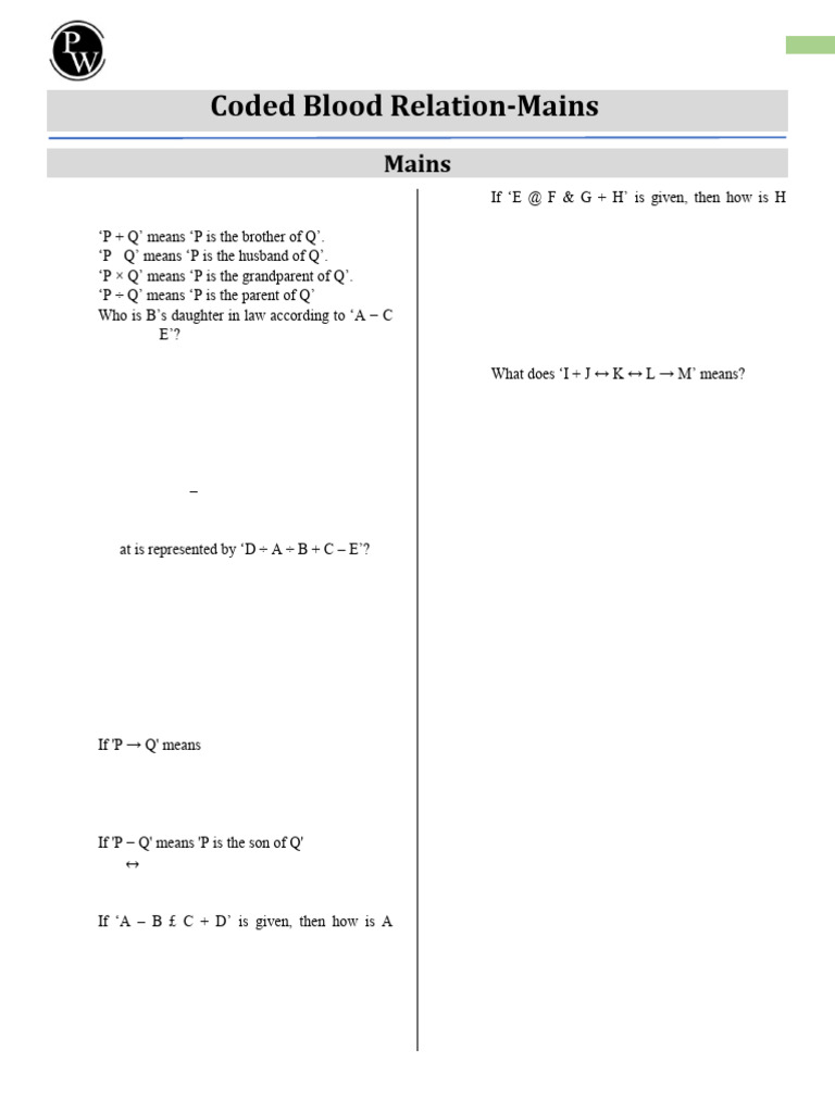 Coded Blood Relation - Mains - Chapter Wise PDF (English) | PDF
