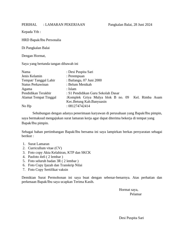 Surat Lamaran Wom Desi Puspita Sari | PDF