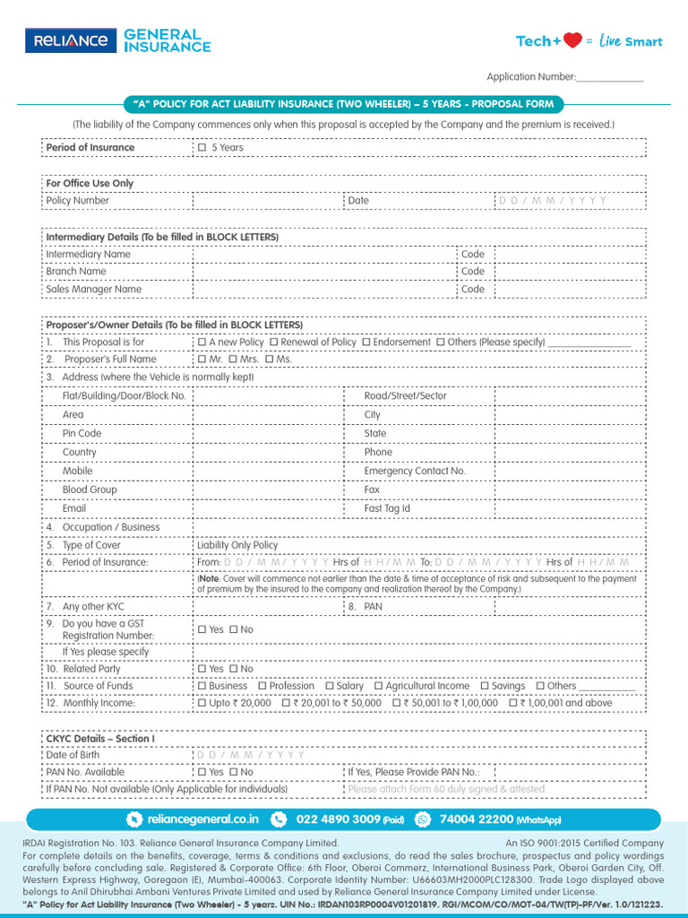 Proposal Form for a Policy for Act Liability Insurance (Two Wheeler)-5 ...