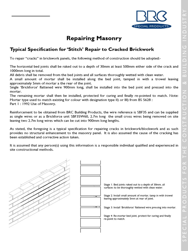 Typical Specification For Stitch Repair To Cracked Brickwork | PDF