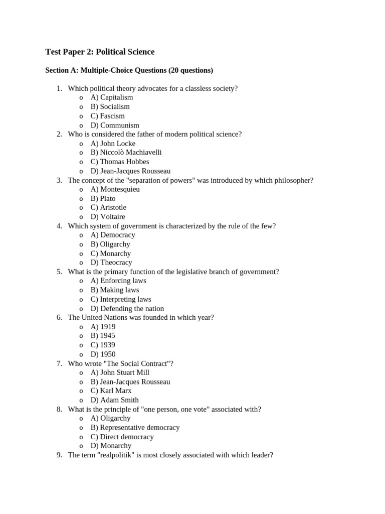 Political Science Test Paper 2 | PDF | Democracy | Politics